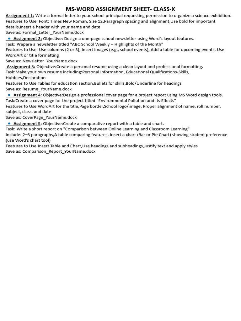 MS Word Assignments for Class 10 Students | PDF