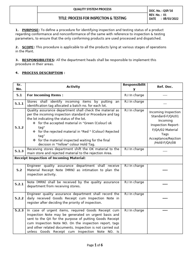Inspection and Testing Procedure | PDF | Quality Assurance
