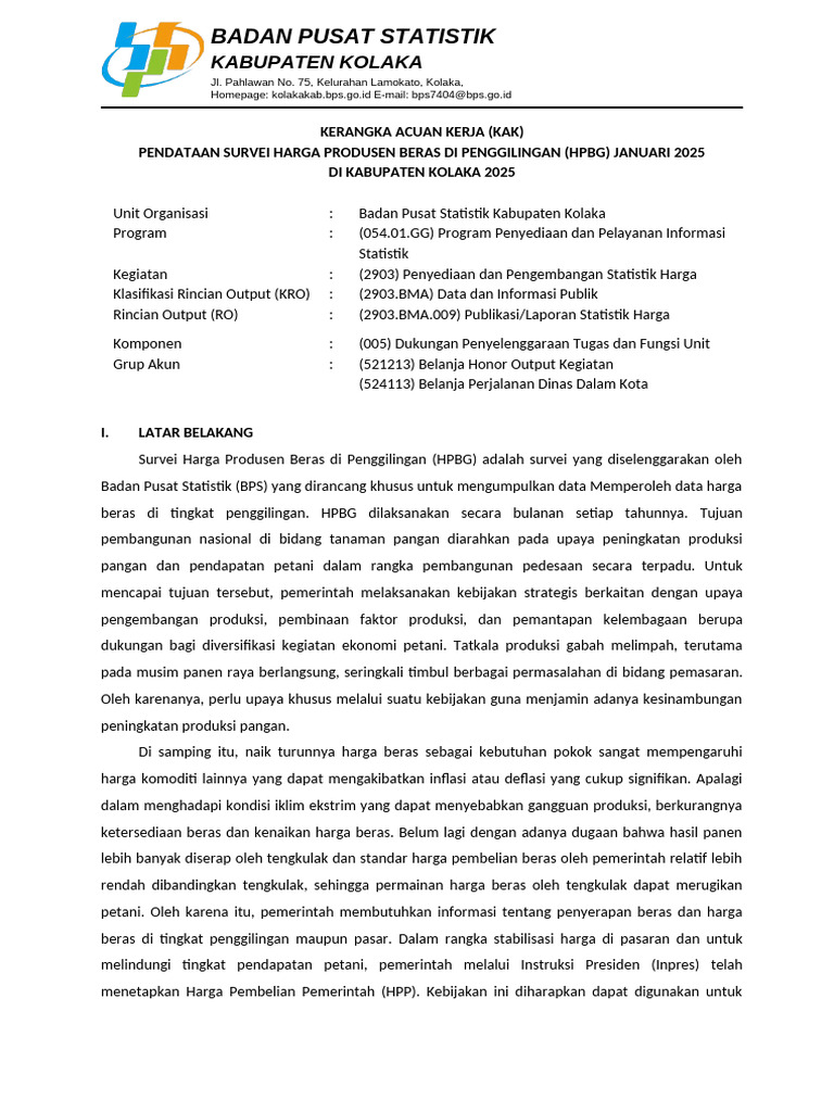 KAK - Survei Harga Produsen Beras Di Penggilingan (HPBG) - Diperiksa PPK | PDF