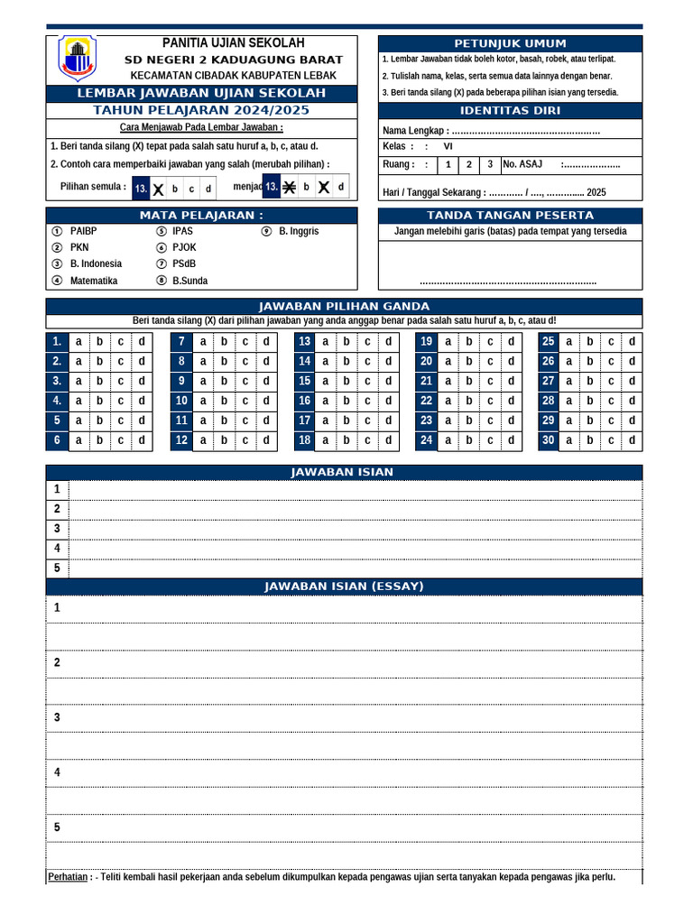 Lembar LJK Asaj SD 2025 | PDF