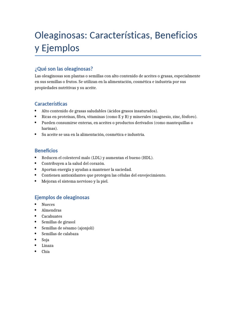 Oleaginosas Características Beneficios Ejemplos | PDF
