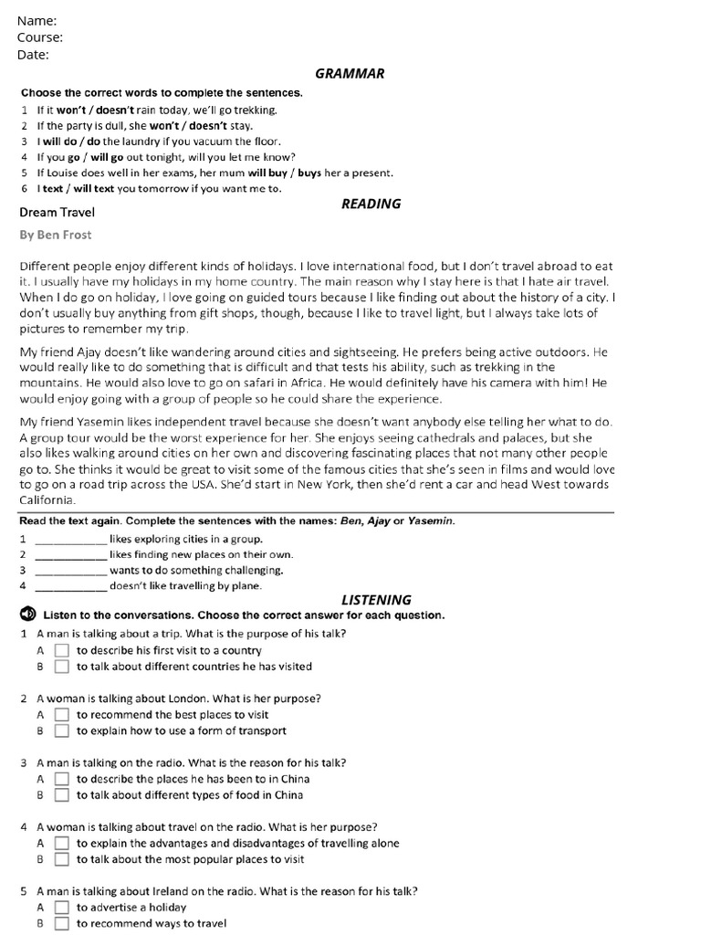 Quiz Unit 2 Pre-Intermediate | PDF