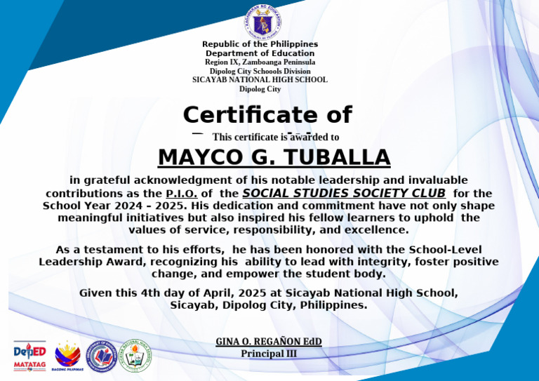 Final-Certificates For Club Officers and Members | PDF