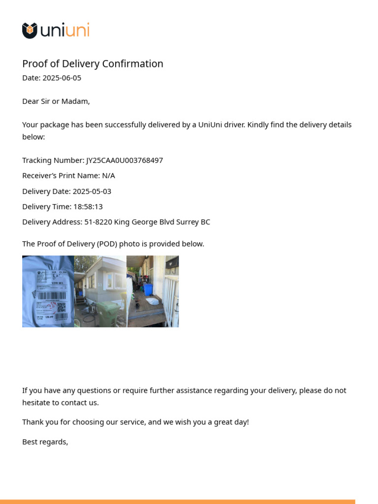 Proof of Delivery Confirmation | PDF
