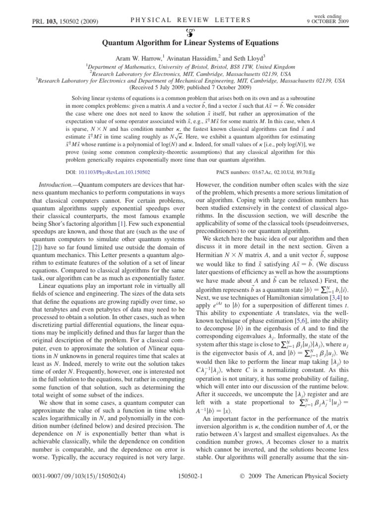 Quantum Algorithm For Linear Systems of Equations | PDF | Matrix (Mathematics) | Eigenvalues And ...