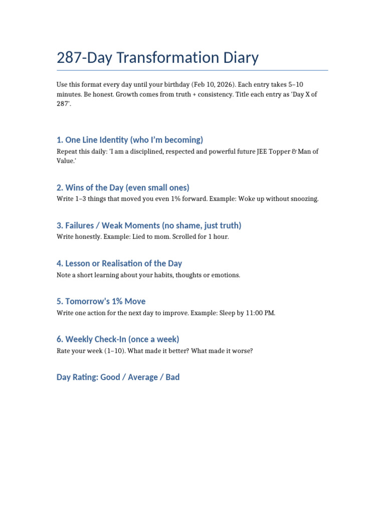 287-Day Transformation Diary Template | PDF