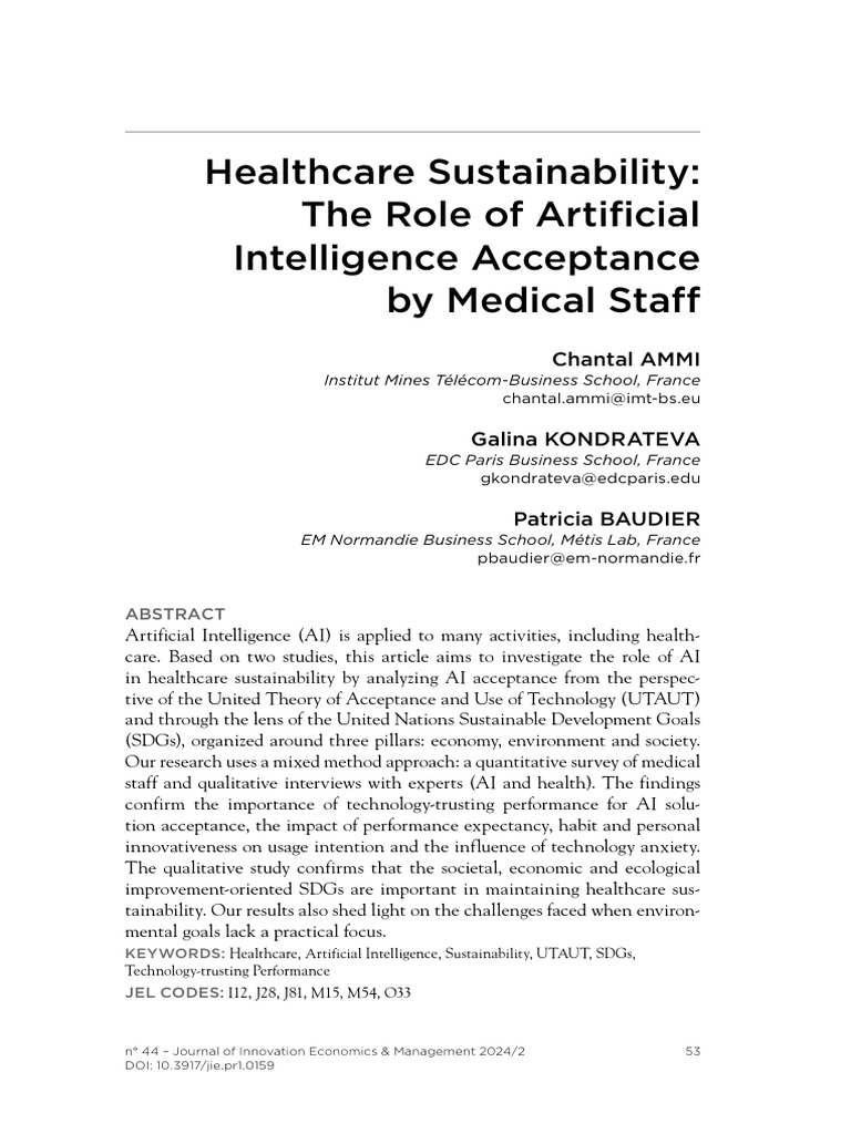 Healthcare Sustainability The Role of Artificial Intelligence Acceptance by Medical Staff | PDF ...