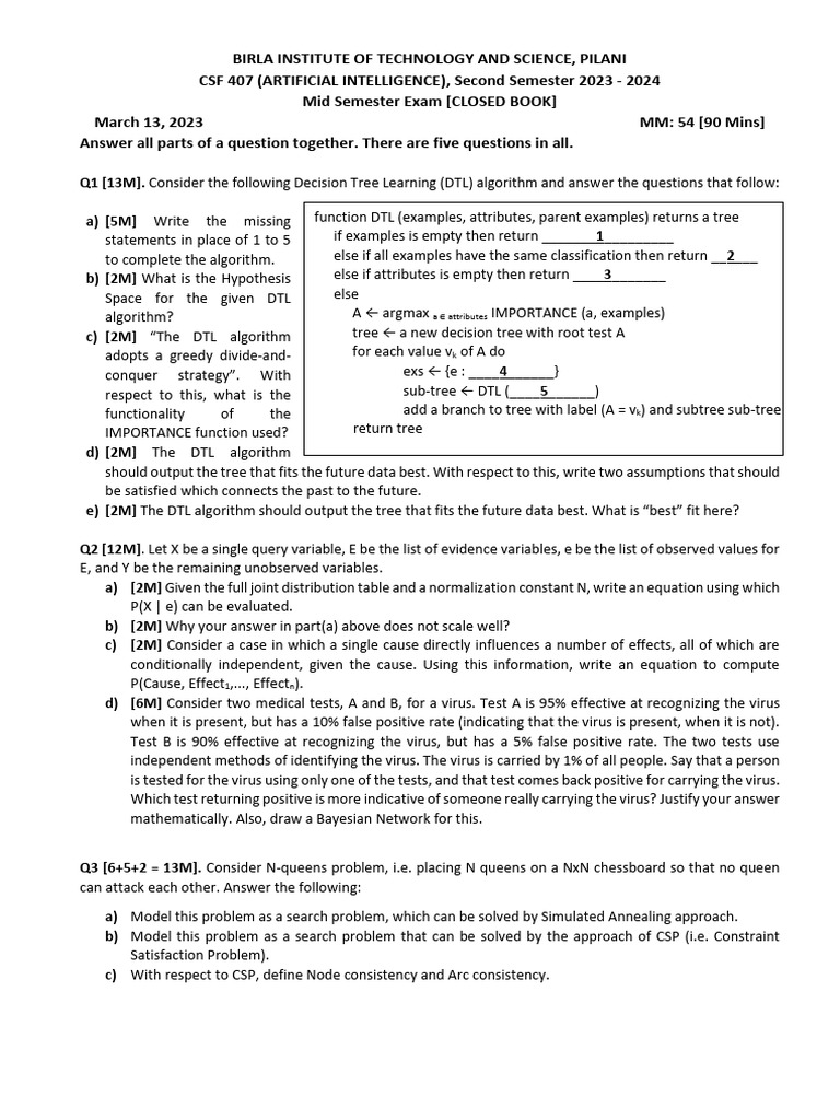 1158 CS F407 20240523111135 Mid Semester Question Paper | PDF ...