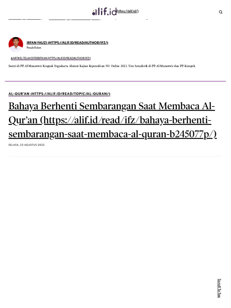 Bahaya Berhenti Sembarangan Saat Membaca Al-Qur'an - Alif - Id | PDF