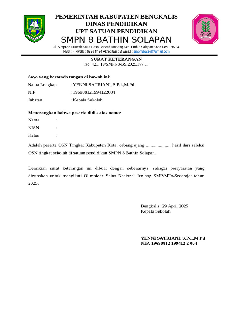 Surat Keterangan OSN SMPN 8 Bathin Solapan | PDF