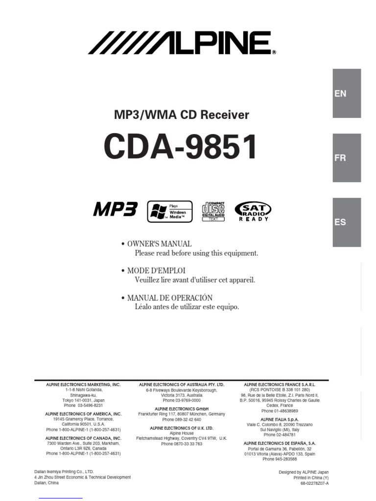 Alpine MP3/WMA CD Receiver CDA-9851 | PDF | Compact Disc | Radio