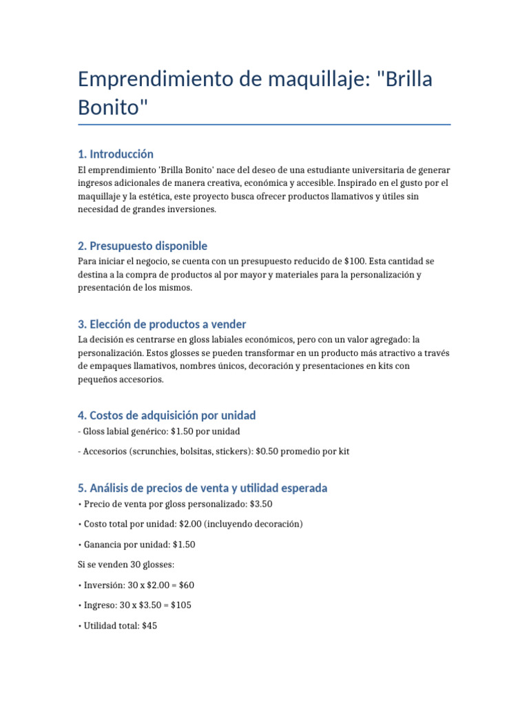 Emprendimiento Brilla Bonito | PDF