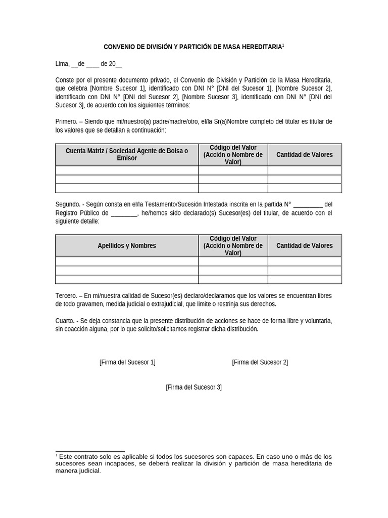 Convenio de División y Partición de Masa Hereditaria | PDF