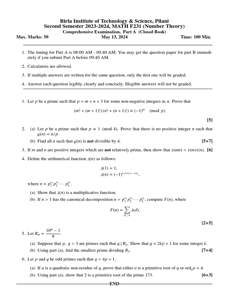 1158 MATH F231 20240519113127 Comprehensive Exam Question Paper | PDF ...