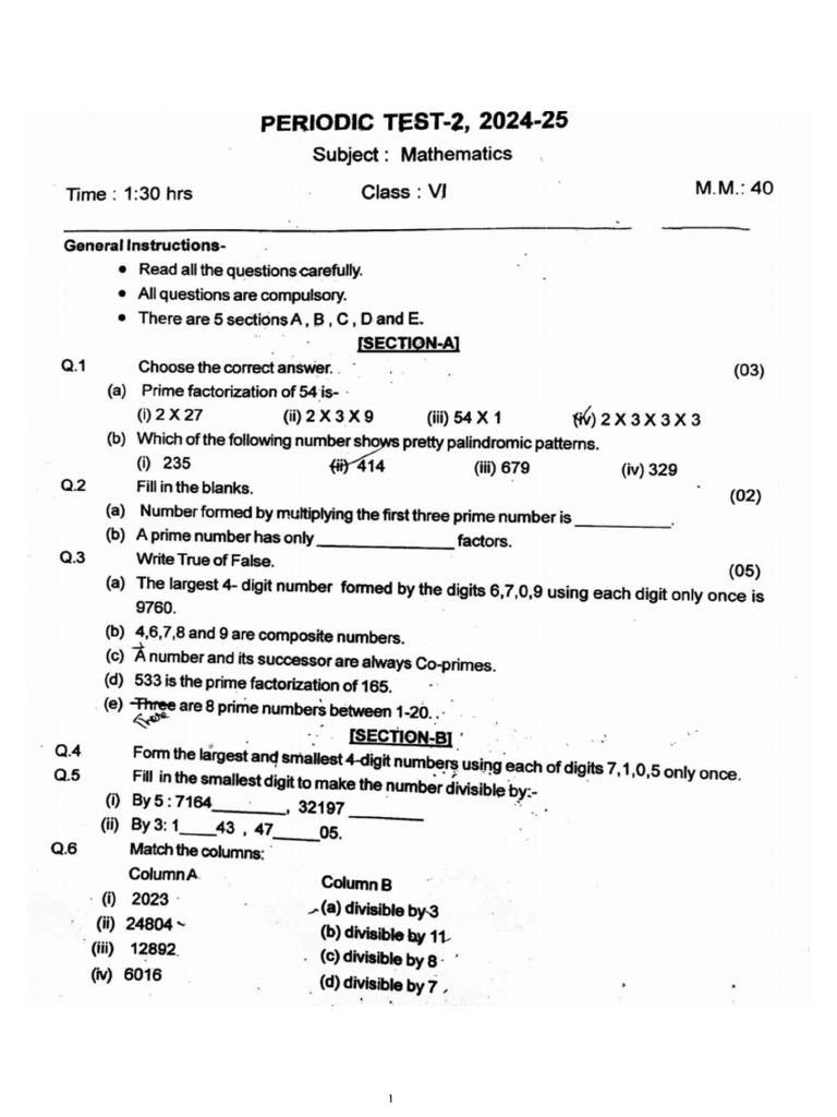 Kvs Pt2 Paper Class 6 Maths 2025 | PDF