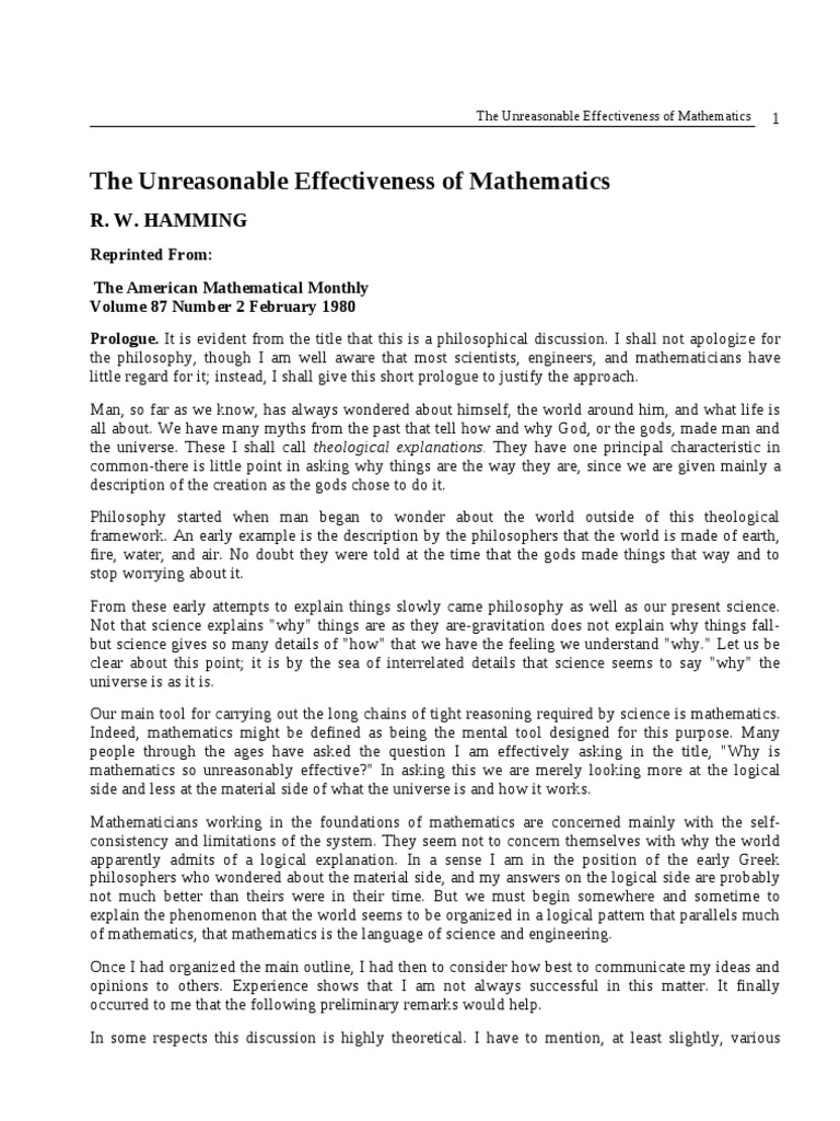 The Unreasonable Effectiveness Of Mathematics R W Hamming Pdf Mathematical Proof Axiom