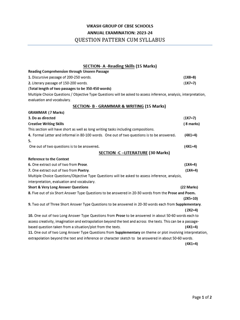 English Cl-VII Syllabus & Question Pattern-ANNUAL-2023-24 | PDF | Sentence (Linguistics ...