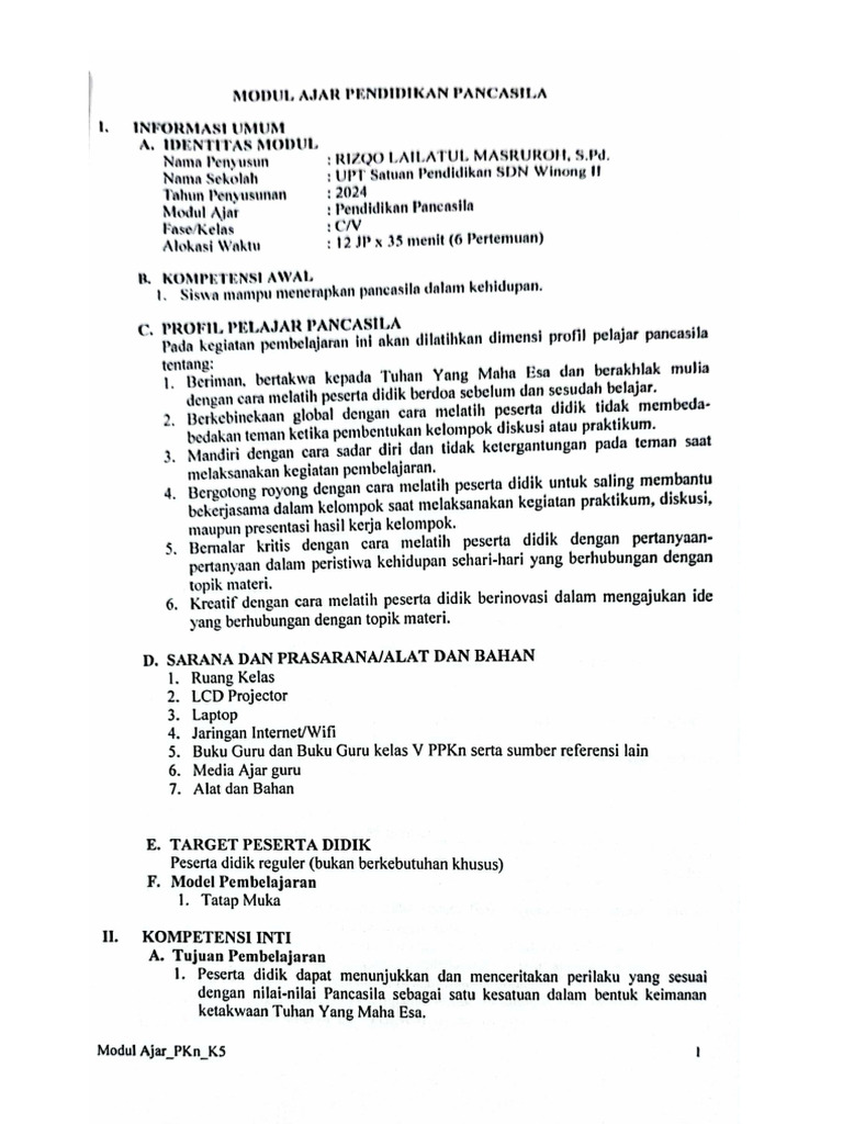 Modul Ajar Kelas 5 PP | PDF