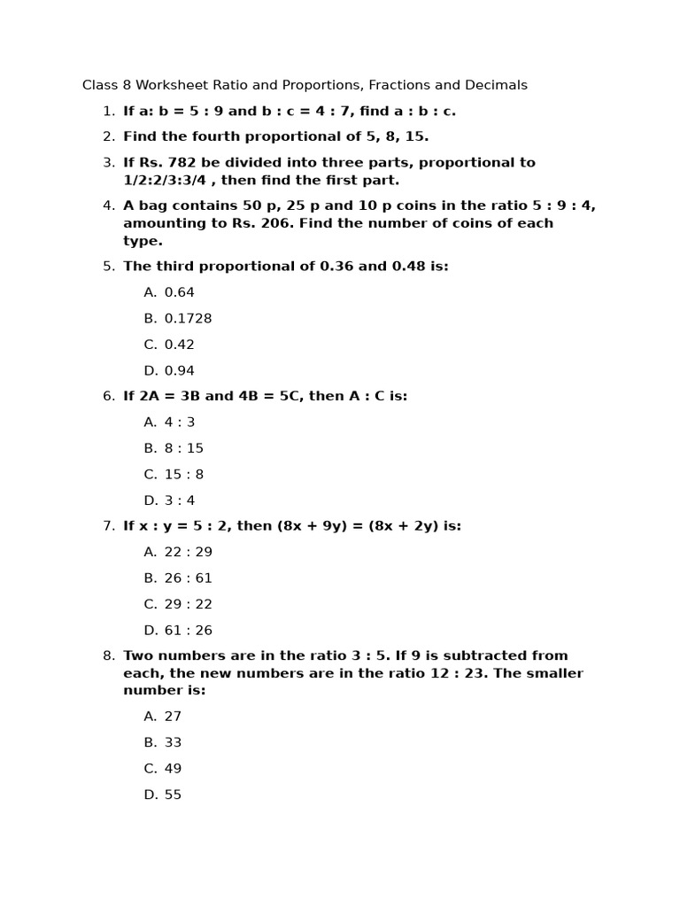 Class 8 Worksheet Ratio and Proportions Fractions and Decimals | PDF ...