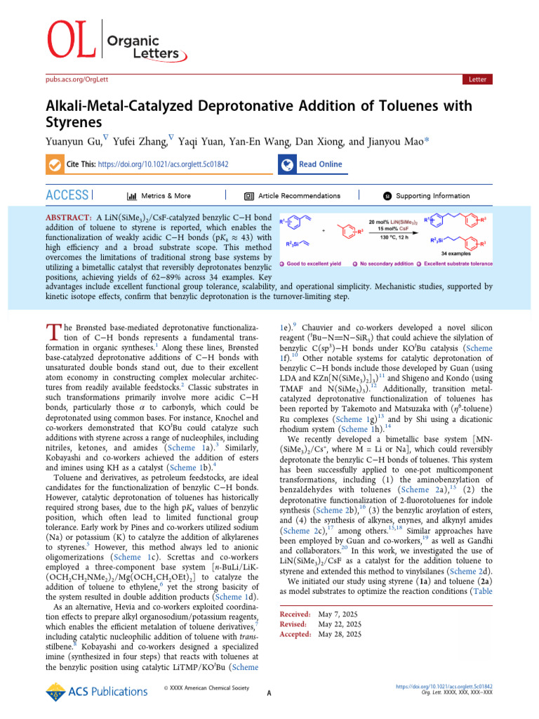 Gu Et Al 2025 Alkali Metal Catalyzed Deprotonative Addition of Toluenes ...