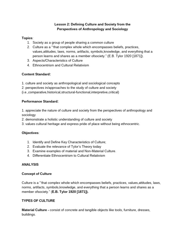 LESSON 2 - Defining Culture and Society From The | PDF | Anthropology ...