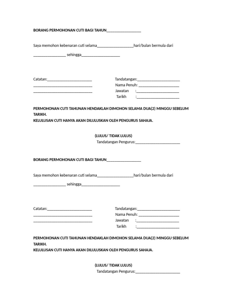 Borang Permohonan Cuti Bagi Tahun | PDF