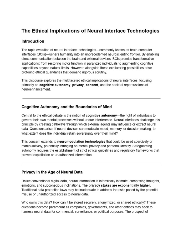The Ethical Implications of Neural Interface Technologies | PDF | Privacy | Consent