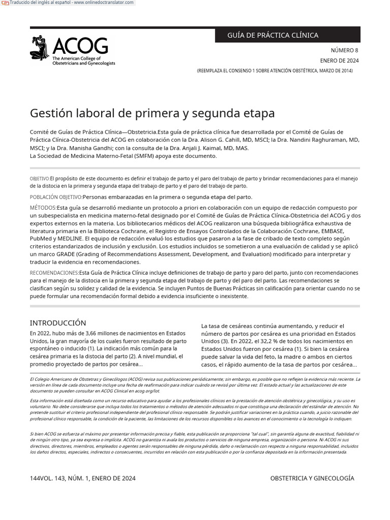 Gestión del Trabajo de Parto: Guía ACOG 2024 | PDF | Parto | Seccion de ...