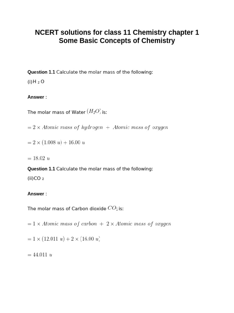Ncert Solutions Class 11 Chemistry Chapter 1 Some Basic Concepts of Chemistry 0 | PDF | Mole ...
