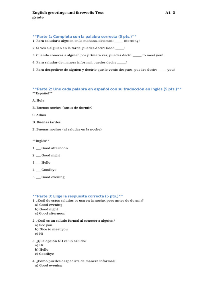 Examen Saludos Despedidas | PDF