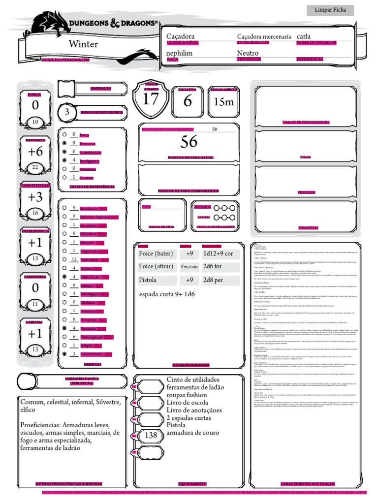 Ficha Winter | PDF | Dungeons & Dragons (jogo)