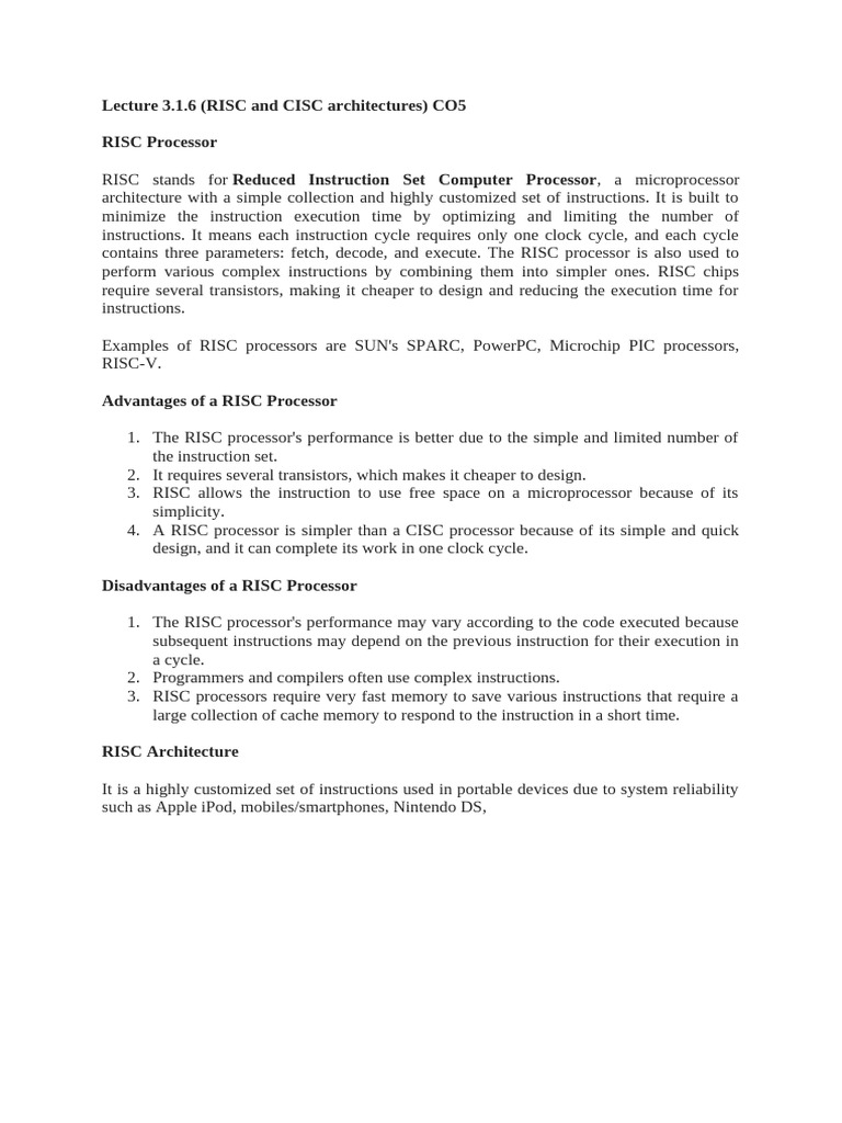 Lecture 3.1.6 (RISC and CISC Architectures) | PDF | Central Processing ...