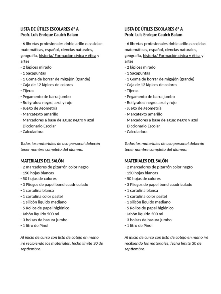 Lista de Útiles Escolares 6º | PDF | Implementos de escritura ...