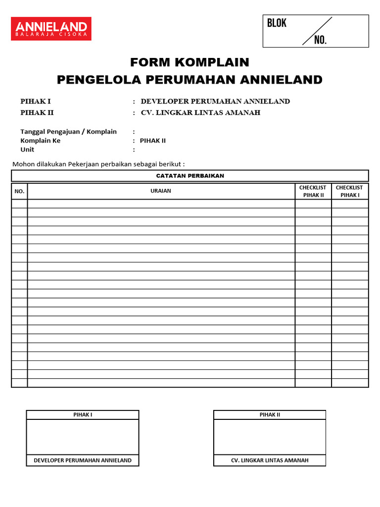 Form Komplain Perumahan Annieland | PDF