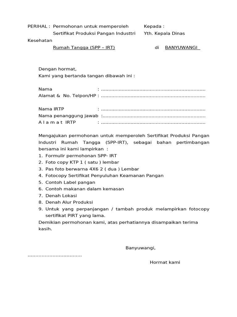 Permohonan Sertifikat SPP-IRT Banyuwangi | PDF