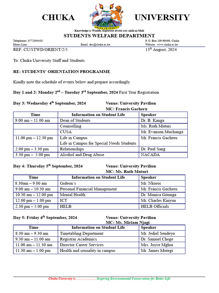 Chuka University Orientation Schedule 2024 | PDF | Higher Education