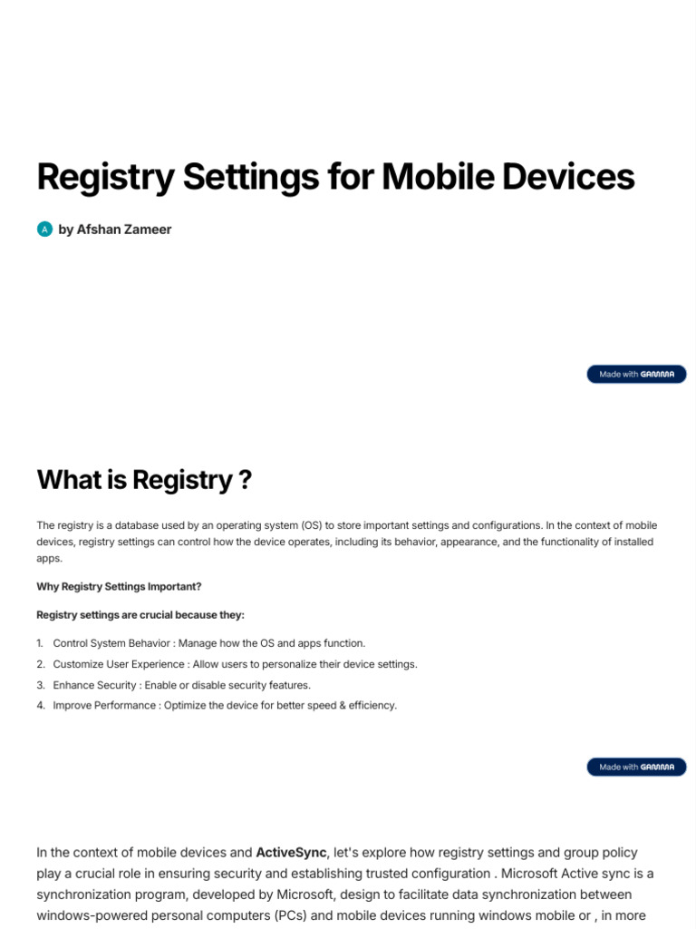 Mobile Device Registry Settings Overview | PDF