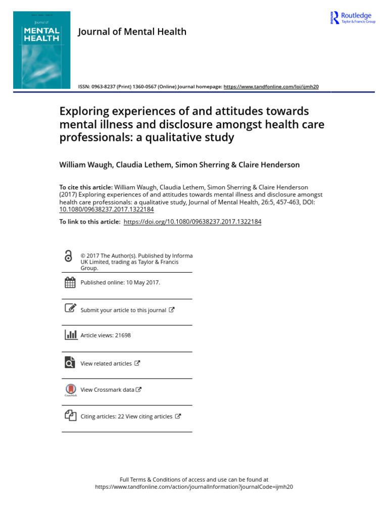 WRIT 1 Article - Exploring Experiences of and Attitudes Towards Mental Illness and Disclosure ...