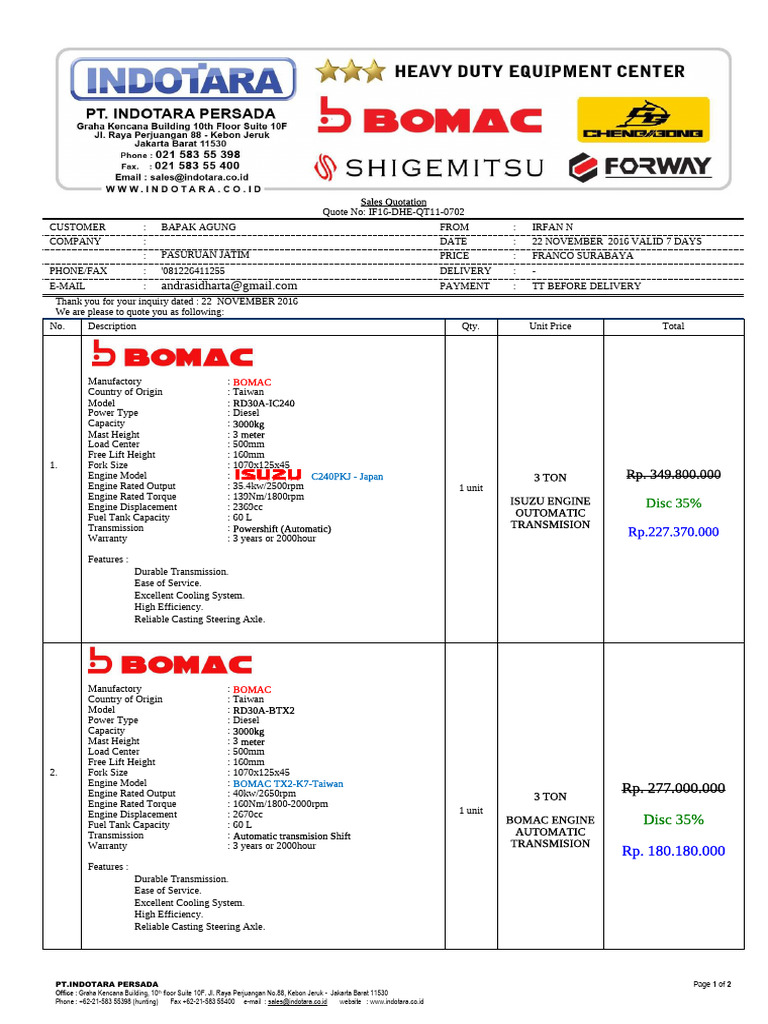 Forklift Sales Quotation - BOMAC RD30 Models | PDF | Automatic ...