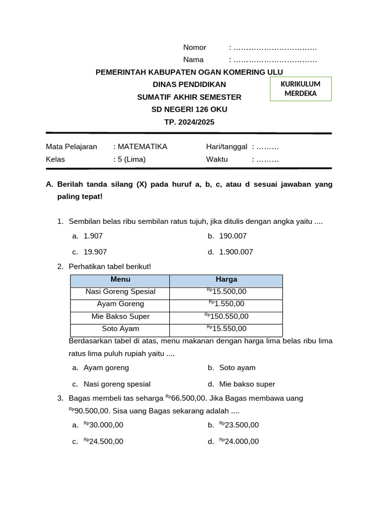 Soal Asas Ganjil Matematika Kelas 5 | PDF