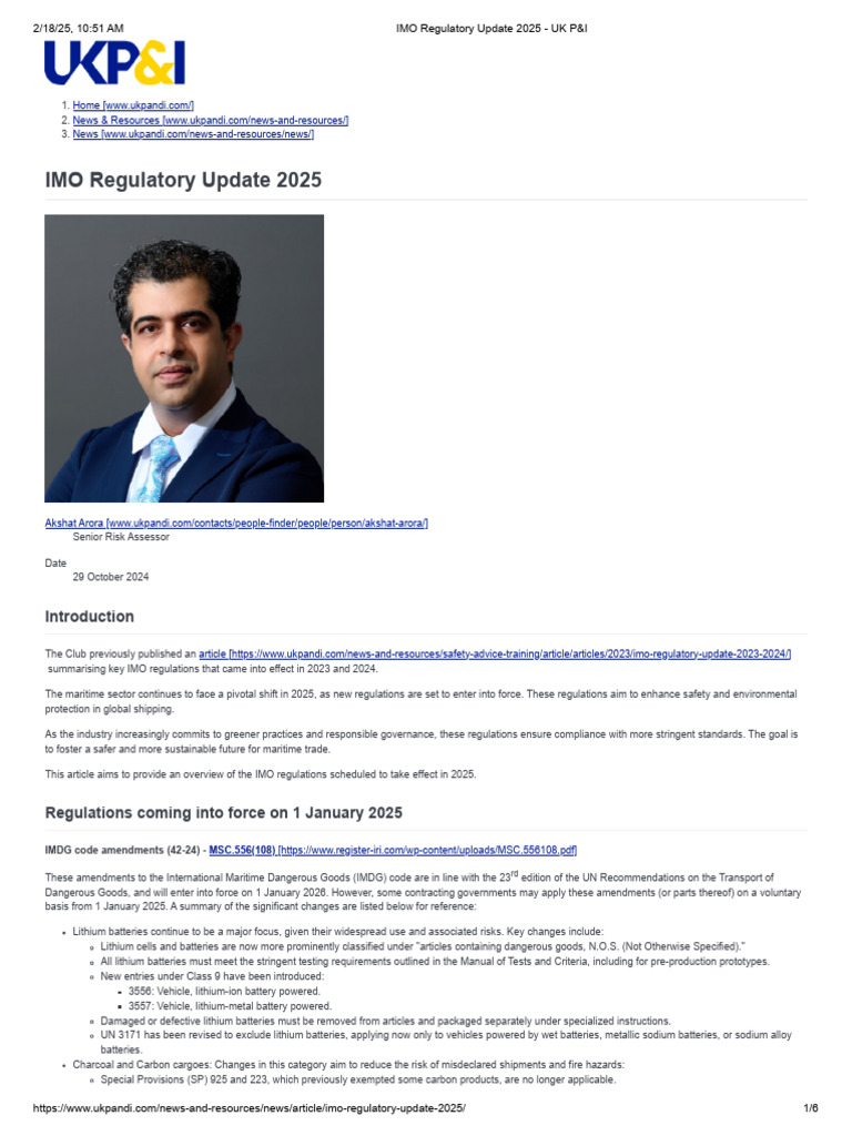 IMO Regulatory Update 2025 - UK P&I | PDF