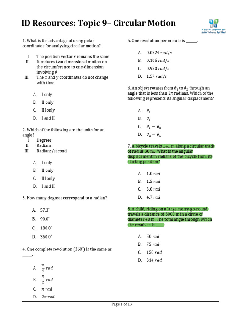 PHY61 Topic 9 Circular Motion QP | PDF | Rotation Around A Fixed Axis ...
