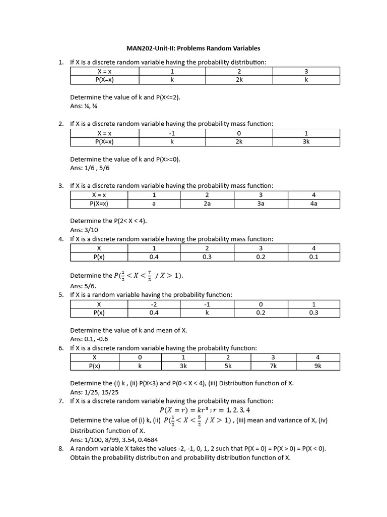 Random Variables Problems Unit II | PDF | Probability Distribution | Probability Density Function