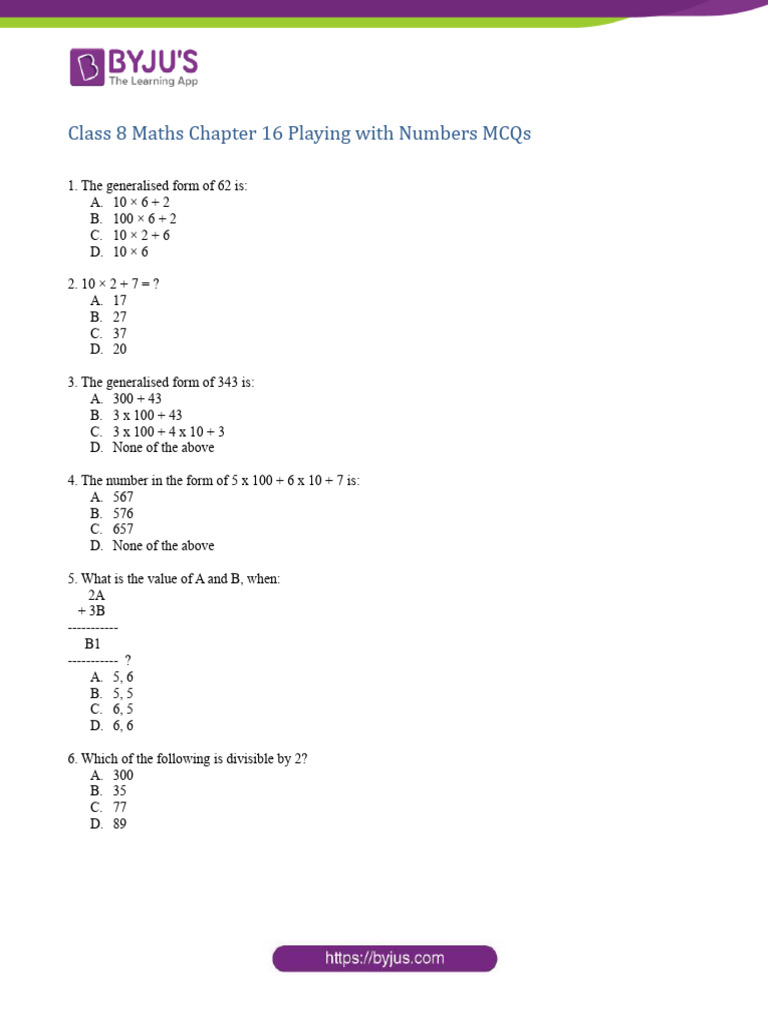 Class 8 Maths Chapter 16 Playing With Numbers MCQs | PDF