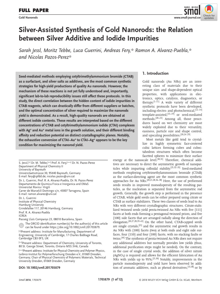 Silver-Assisted Synthesis of Gold Nanorods | PDF | Adsorption | Silver