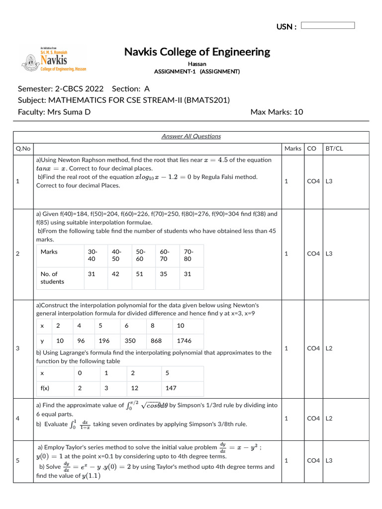 BMATS201 A Section Assignment 1 | PDF | Interpolation | Mathematics Of Computing