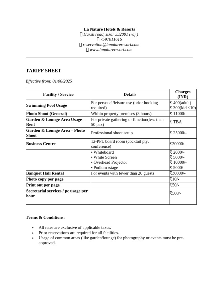 La Nature Hotels Tariff Card-1 | PDF
