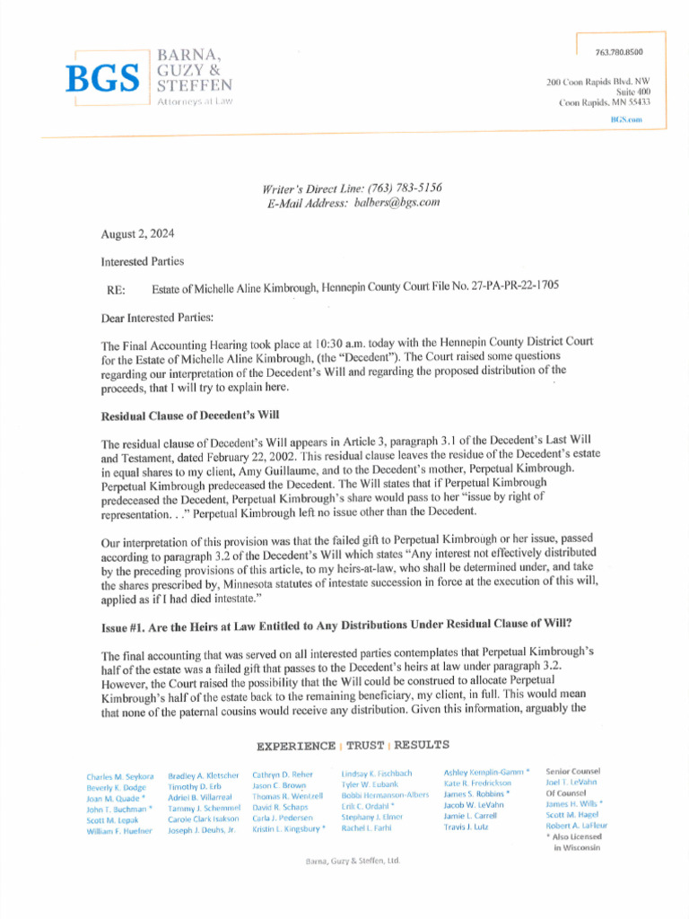 Letter To IP, Regarding Objections - Estate of Sandra Locke C - o ...