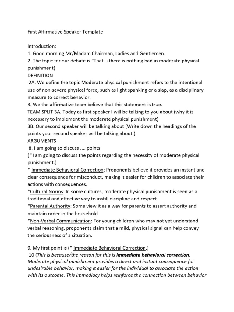 First Affirmative Speaker Template | PDF | Punishments | Disciplines