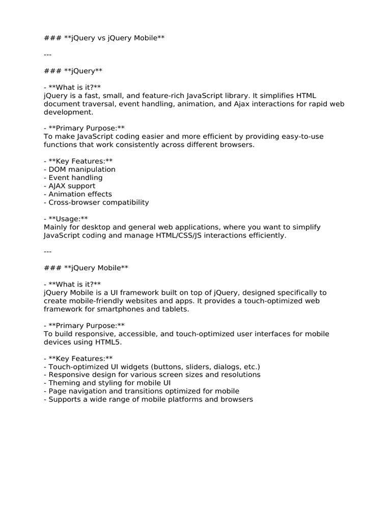 JQuery vs JQueryMobile Comparison | PDF